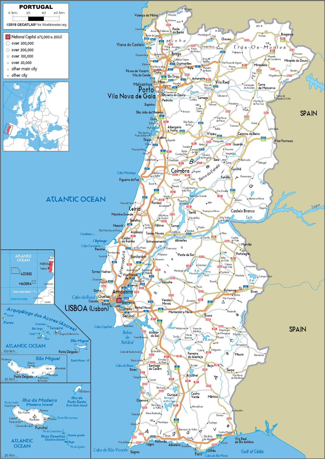 Printable Free Labeled and Blank Map of Portugal With Cities [PDF]