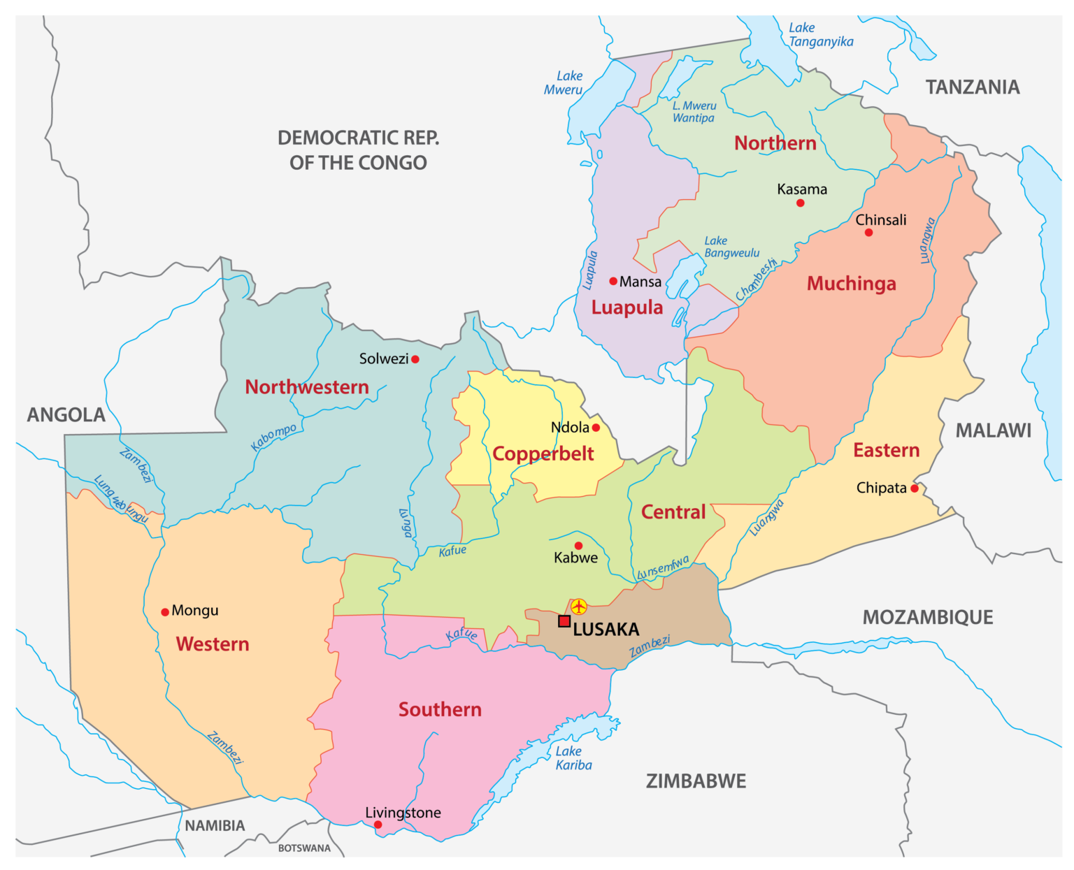 Printable Labeled and Blank Map of Zambia With Cities [FREE]